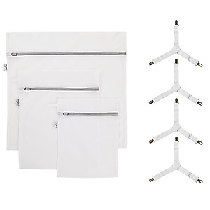 HOME GENIE Durable and Gentle Mesh Laundry Bags for Washing Delicates and Bed Sheet Straps, Bags 3 Pk Medium, Silicone Zipper, Sheet 4 Pack, Easy Install, Both Color White, 2 Item Bundle