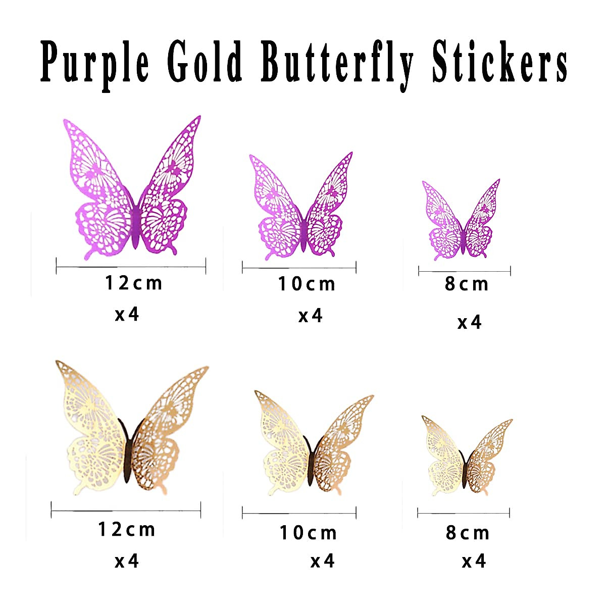 3D Purple Gold Butterfly Wall Stickers, 24 PCS 3 Sizes Butterfly Wall Decals, Removable Metallic Gold Wall Sticker Room Mural for Paper Art Party Cupcake Kids Bedroom Classroom Wedding Balloon Decors
