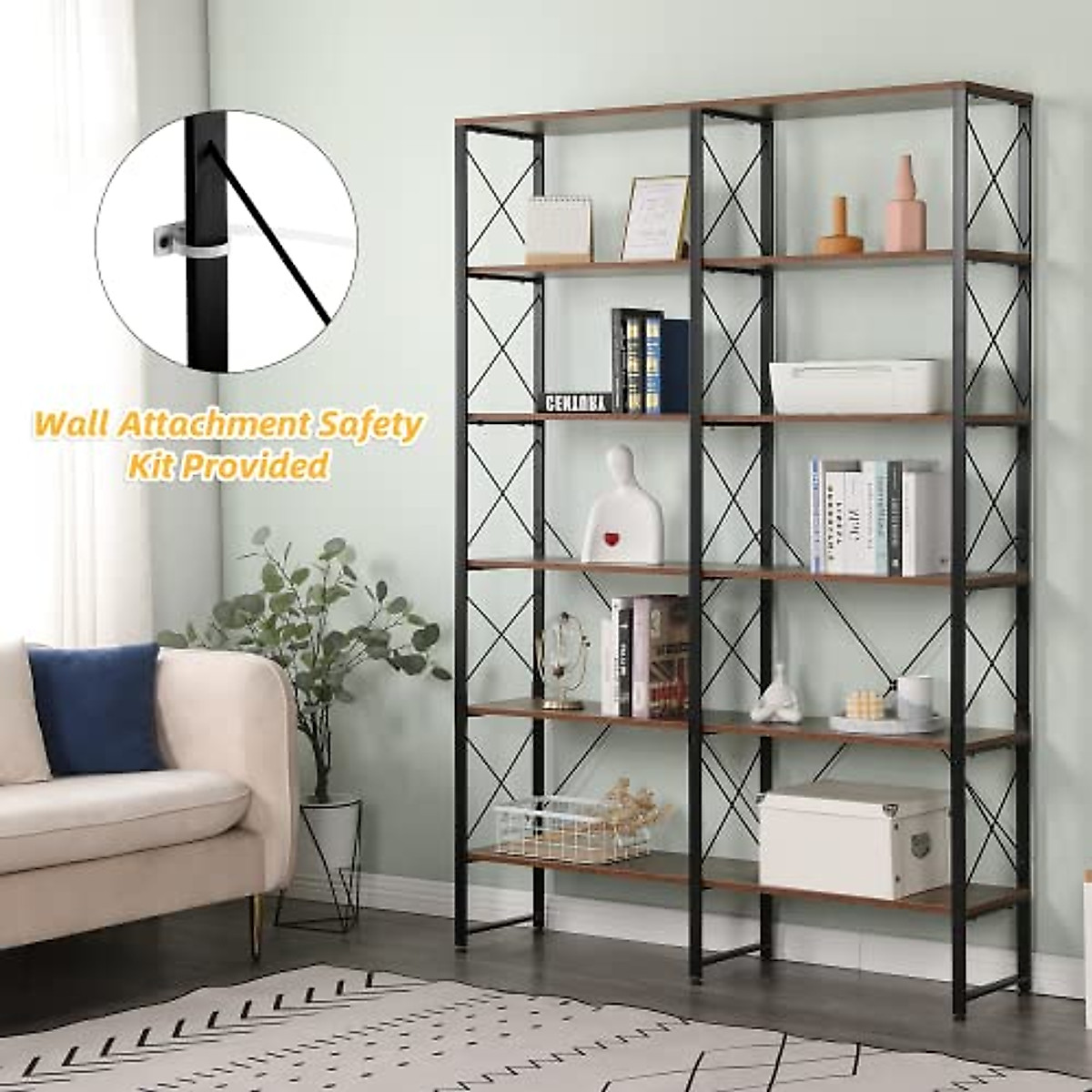 MELLCOM Double Wide 6-Tier Bookshelf, Industrial Open Large Bookcase, Wood and Metal Tall Bookshelves for Living Room Bedroom Office, Rustic Brown