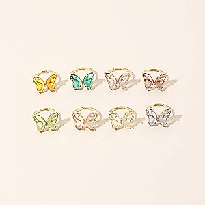 8 Pcs Gold Plated 3D Butterfly Rings Acrylic Adjustable Open Colorful Crystal Bowknot Shaped Band Rings for Women Finger Jewelry (transparent)