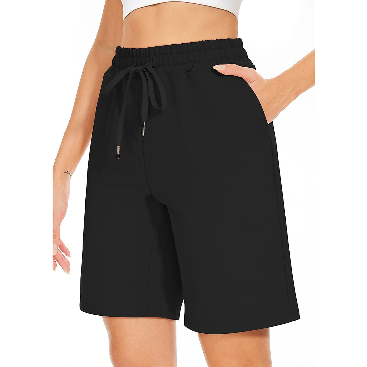 TARSE Women's Bermuda Shorts Summer Long Cotton Drawstring Loose Pocket Knee Length Shorts Yoga Casual Walking Exercise Shorts(Black,M)