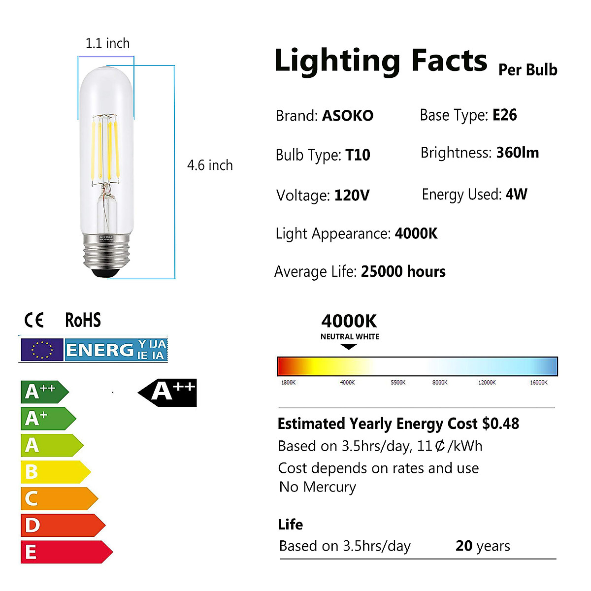 ASOKO Edison Bulb, T10 Daylight 4000K LED Tubular 4W Dimmable Tube Vintage Bulbs 40 Watt Equivalent,E26 Base(3-Pack)