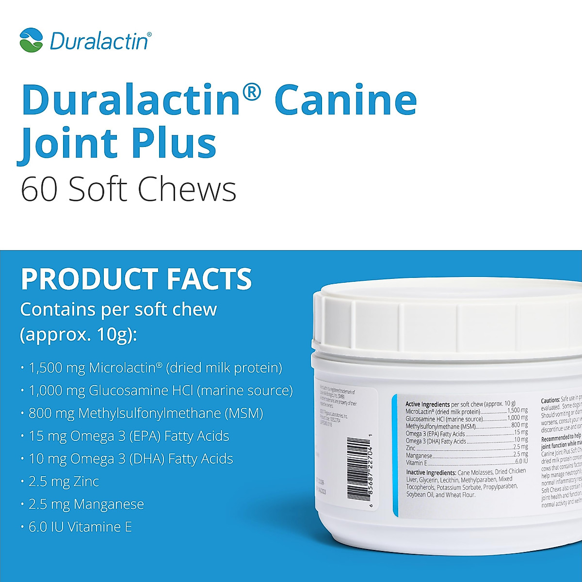 PRN Pharmacal Duralactin Canine Joint Plus - Joint Health Supplement for Dogs & Puppies to Support Healthy Cartilage Levels & Joint Function While Helping Manage Soreness - 60 Soft Chews