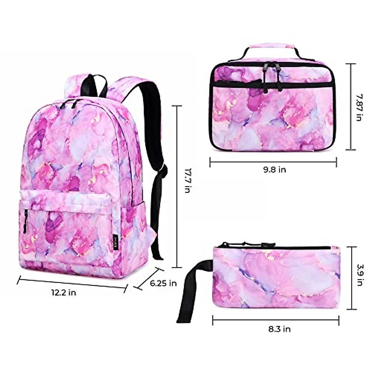 Imyth 3Pcs colorful Backpack sets for Teen Girls, Cute Bookbag School Daypacks for Elementary Middle Students (Marble powder)