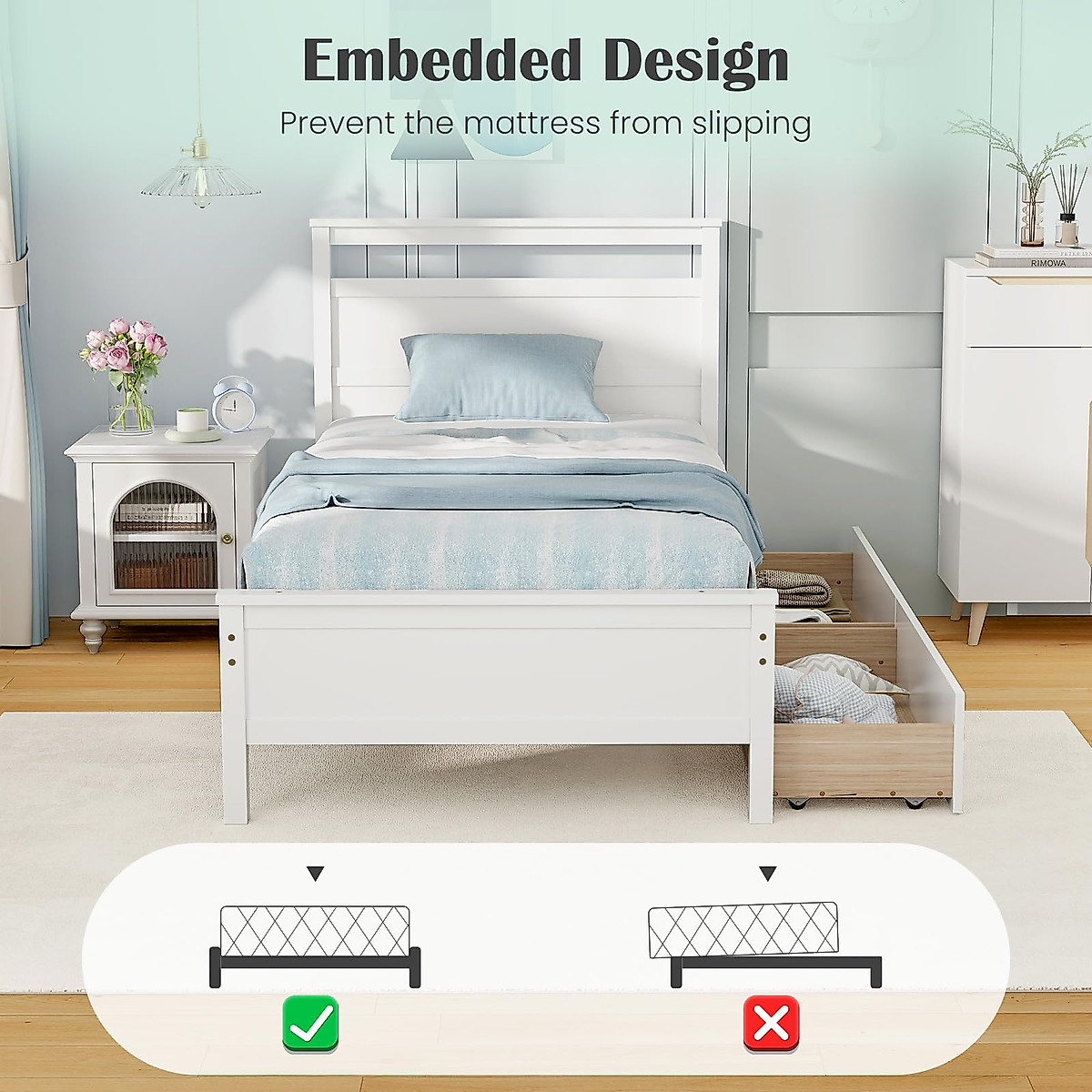 Giantex Wood Twin Bed with 2 Storage Drawers, Solid Wood Platform Bed with Headboard, Single Bed Wooden Slats Support, No Spring Needed, Twin Bed Frame for Kids, Teens, Adults (White)