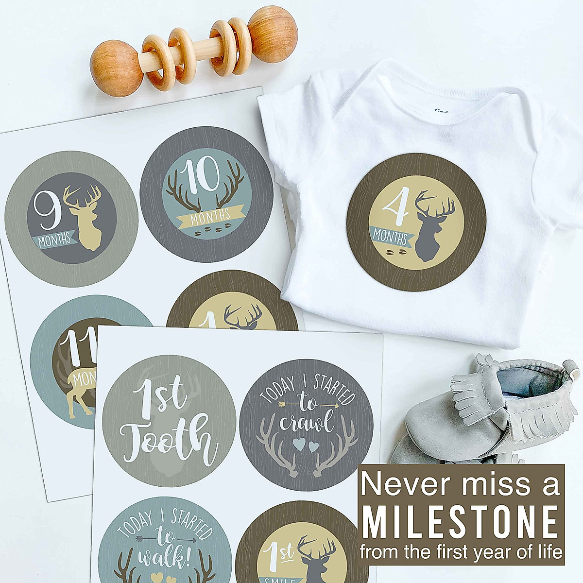 16 Monthly Baby Milestone Stickers Boy - Deer Baby Monthly Milestone Stickers for Baby Boy, Milestone Baby Monthly Stickers, Baby Month Stickers for Baby Photo Props, Monthly Baby Stickers Boy