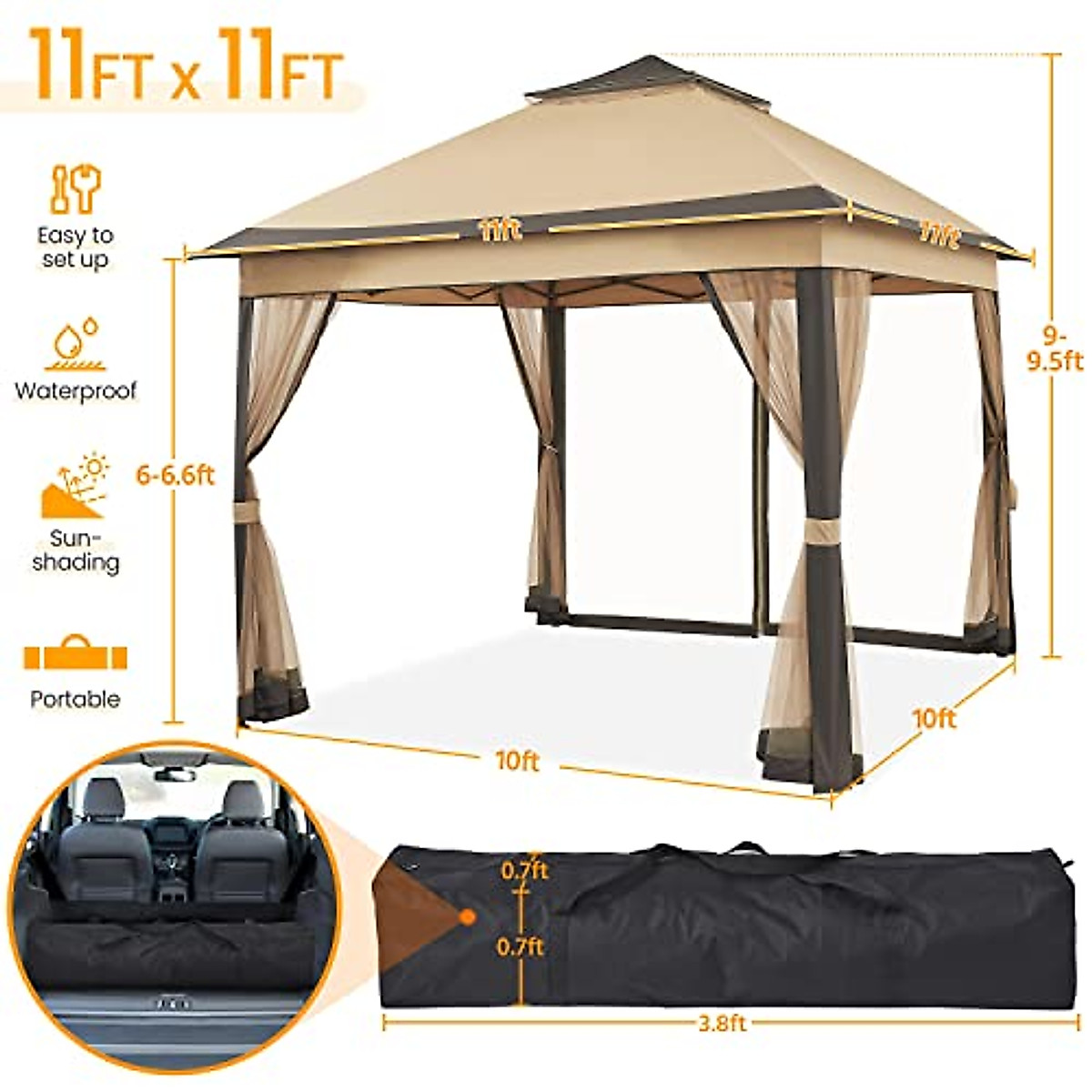 Yaheetech 11'x11' Pop Up Gazebo Outdoor Canopy Shelter Instant Pop Up Patio Gazebo Sun Shade Gazebo Canopy Tent with Double Tiers and Mesh Netting, for Lawn, Garden, Backyard and Deck (Khaki&Brown)