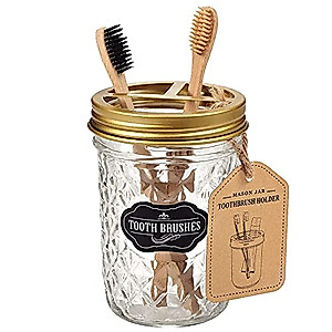 Amolliar 4PCS & 2pcs Gold Mason Jar Bathroom Accessories Set-3pcs Lotion Soap Dispenser & 2 pcs Cotton Swab Holder &1pcs Toothbrush Holder,Waterproof Stickers,Rustic Farmhouse Decor