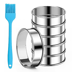 Catcan 6 Pieces English Muffin Rings, 3.15 Inch Stainless Steel Crumpet Ring Double Rolled Tart Ring Nonstick Metal Round Ring Molds with Silicone Oil Brush