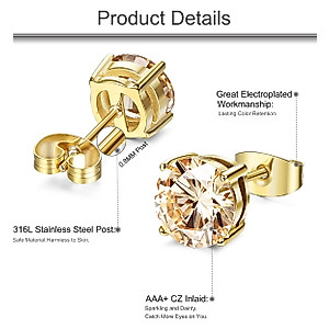 FIBO STEEL 4 Pairs Stainless Steel Stud Earrings for Men Women Ear Piercing Earrings Cubic Zirconia Inlaid,3-8 mm (Round 5mm)