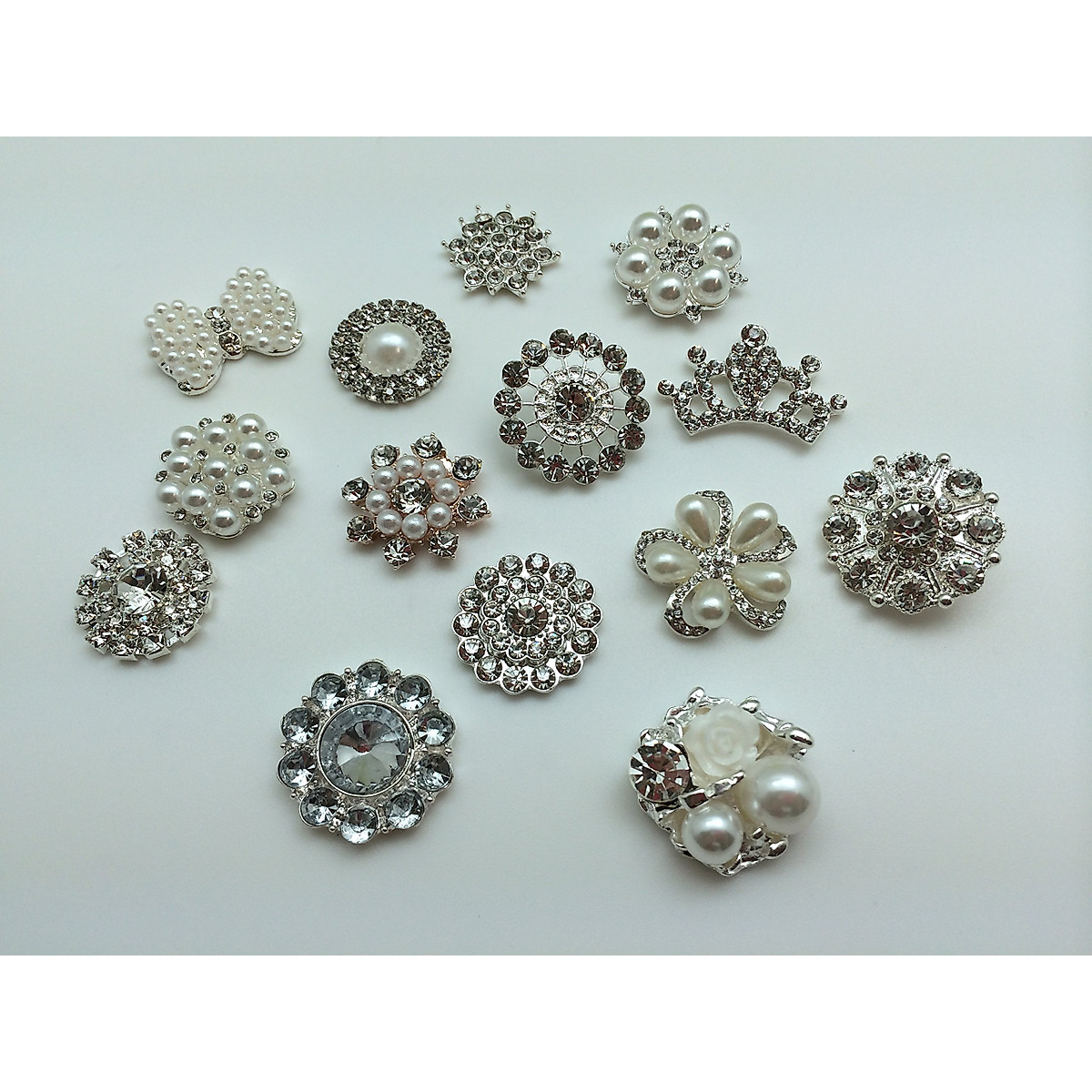 PEPPERLONELY Brand 12PC Mixed Style Acrylic Pearl Rhinestone Flat Back Alloy Metal Embellishments & Sew On Buttons 13/16~1-3/16 Inch