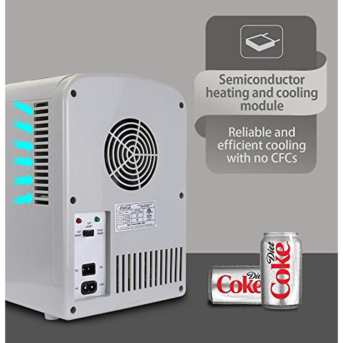 Coca-Cola Diet Coke DC04 4 Liter/4.2 Quarts 6 Can Portable Mini Cooler/Fridge, Beverages, Baby Food, Skincare and Medications-Use at Home, Office, Dorm, Car, RV or Boat-with AC & DC Plugs, Gray