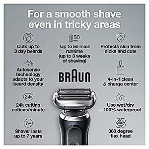Braun Electric Razor for Men, Series 7 7085cc 360 Flex Head Electric Shaver with Beard Trimmer, Rechargeable, Wet & Dry, 4in1 SmartCare Center and Travel Case