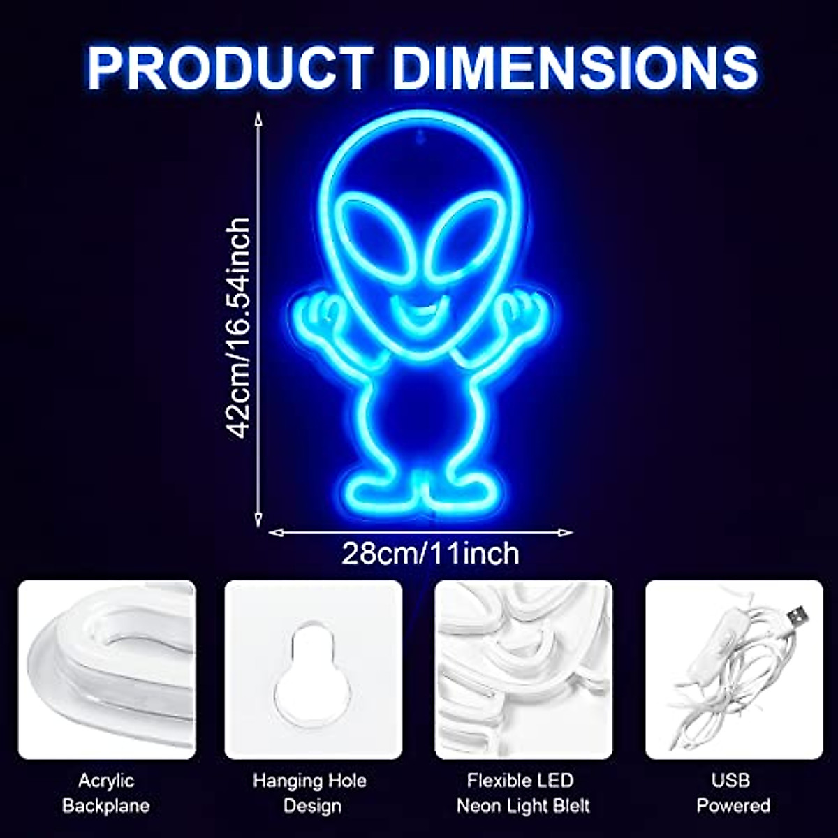Rosnek Neon Light Alien LED Sign,Light Up Sign with Durable Acrylic Panel,Neon Signs Cool Novelty Night Light USB for Bedroom,Room,Wall,Bar,Party,Teenage Birthday’s Gift