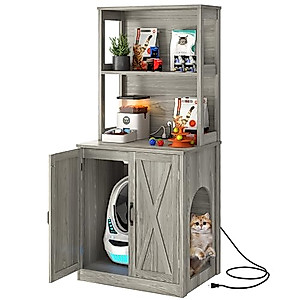 DWVO Large Hidden Litter Box Furniture with Shelves and Charging Station, Wooden Enclosure for Self-Cleaning Litter Boxes, Grey