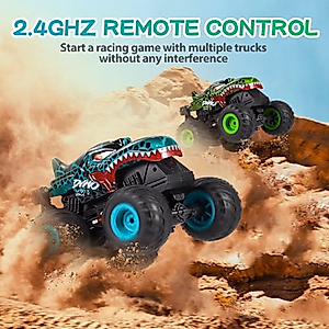 DYODYORC Remote Control Car, 2.4Ghz All Terrain Dinosaur Monster Truck Toys, RC Truck with Music, 3 Lighting Effects, 360 Stunt Capable, All included Ready to Run, Toy Gifts for Boys and Girls (Green)