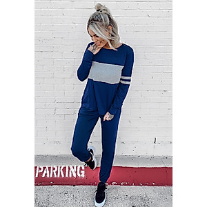 PRETTYGARDEN Women's Color Block 2 Piece Tracksuit Crewneck Long Sleeve Tops Long Sweatpants Outfits Lounge Sets(Bright Blue,Medium)