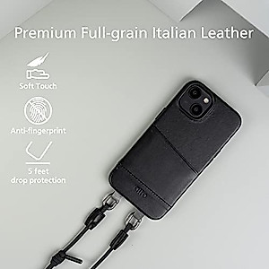 alto Crossbody Leather Case Designed for iPhone 14 and iPhone 13, Anello Series Drop Protective Italian Leather Card Wallet Case with Detachable Lanyard Strap (6.1 inch, iPhone 14/13, Black)