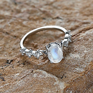 Angol Genuine Moonstone Ring Sterling Silver Moon Phase Ring Oval Moonstone Cubic Zirconia Statement Band Finger Minimalist Ring for Women with Gift Box（Silver）