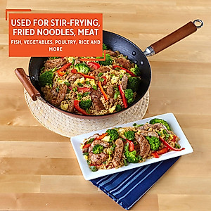 IMUSA USA Light Cast Iron Wok with Wood Handles 14-Inch, Black