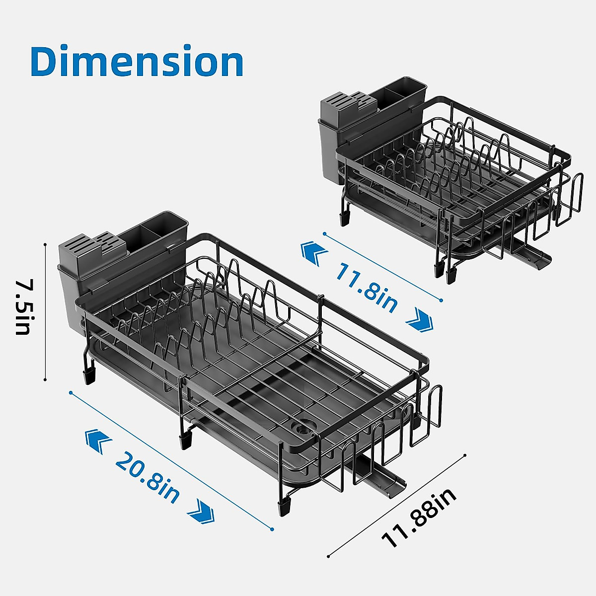 HAYOLPORS Dish Drying Rack - Expandable Dish Rack for Kitchen Counter with Drainboard, Rustproof Large Dish Drainer with Utensil Holder Cup Rack for Kitchen Sink, Black