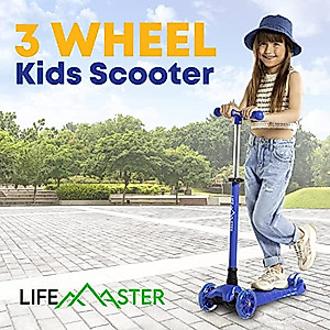 Kids Scooter – Children and Toddler 3 Wheel Kick Scooter – LED Wheel Lights Illuminate When Rolling– Adjustable Handlebar – Indoor and Outdoor Blue - Lifemaster