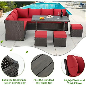 Generic 7 Piece Patio Conversation Set, Outdoor Sectional Sofa Rattan Wicker Dining Furniture, Gray (Red), dd1123