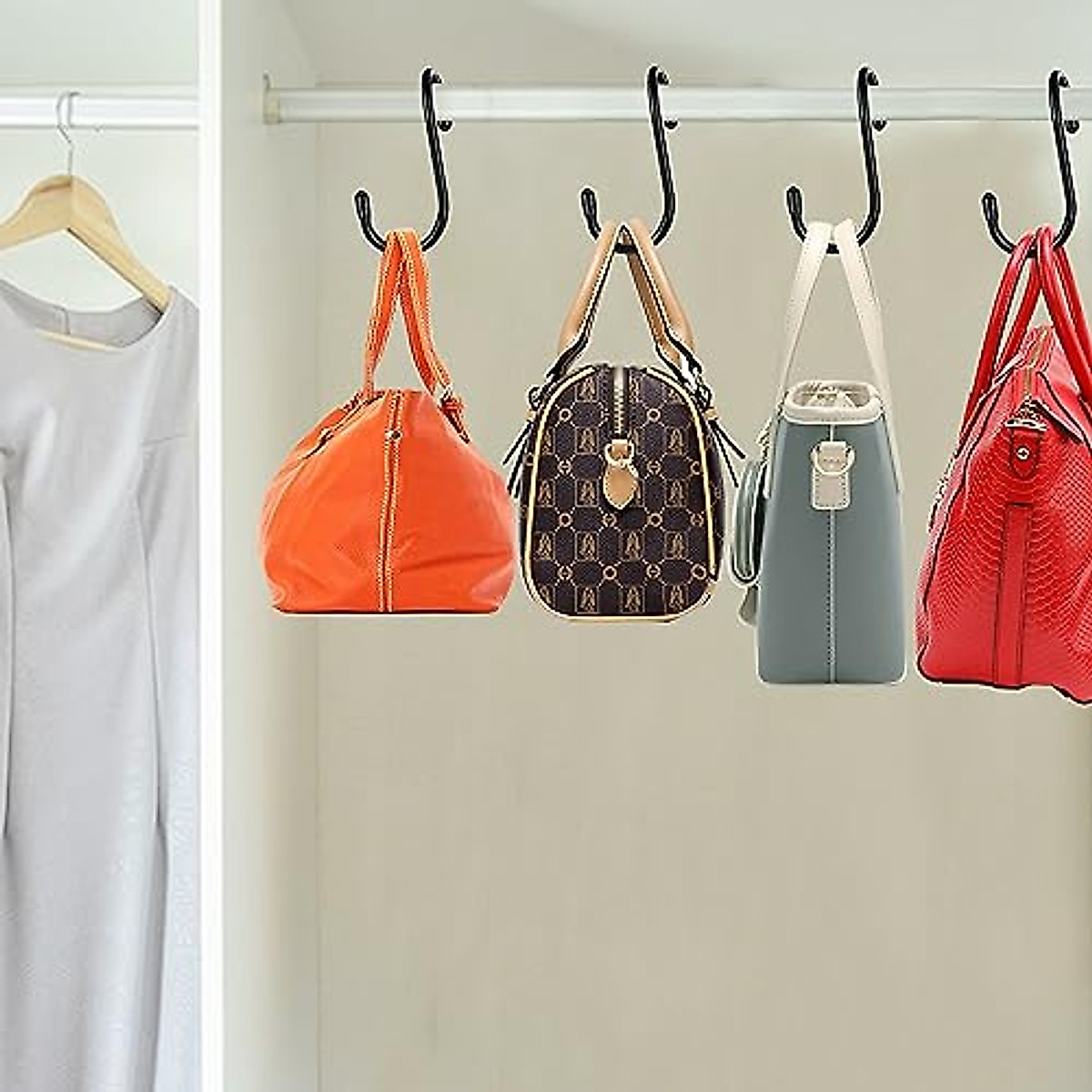 HiGift 12 Pack Purse Hanger for Closet, Non Slip Rubber Coated Closet Rod Hooks for Bags, Large Closet Organizer Hooks for Hanging Purses, Handbags, Backpacks, Belts, Scraves, Hats, Clothes -Black