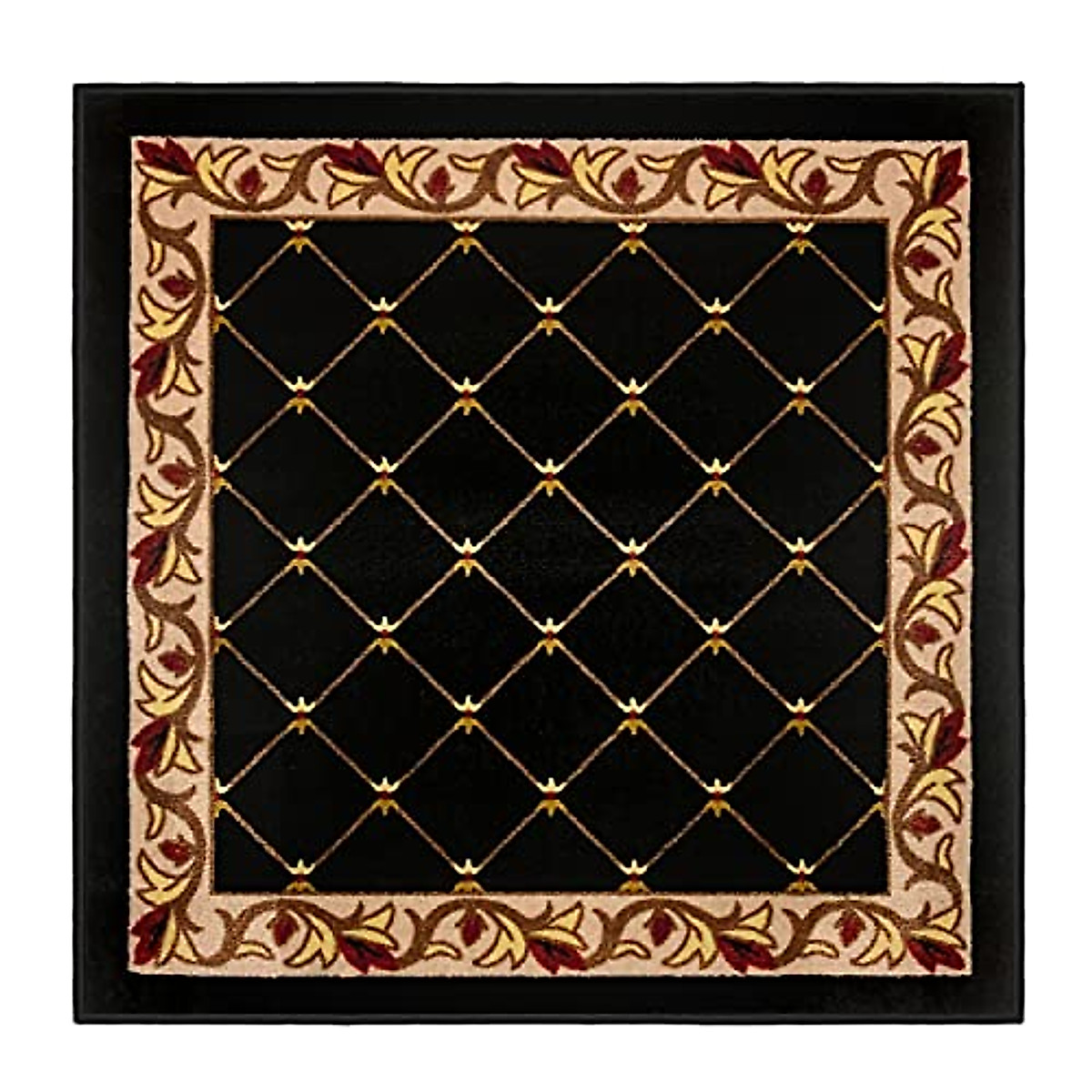 House, Home and More Skid-Resistant Carpet Indoor Area Rug Floor Mat – Traditional Lattice with Floral Border – Ebony Black – 3 Feet X 3 Feet