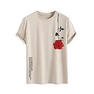 GORGLITTER Men's Rose & Slogan Graphic Round Neck T Shirt Short Sleeve Casual Tee Shirts Khaki Medium
