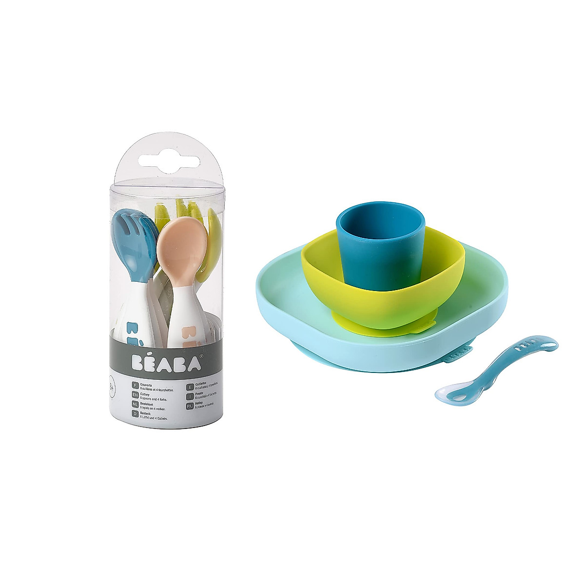 BEABA Toddler Self Feeding Cutlery and Silicone 4-Piece Meal Set - Soft, Unbreakable, Non-Slip Suction Bottom