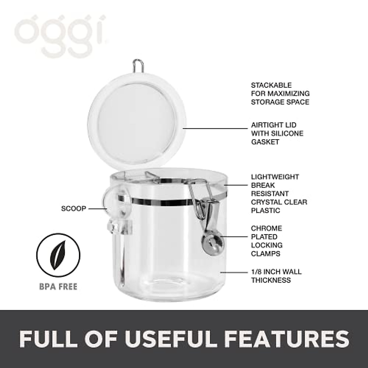 OGGI Clear Canister Airtight 38oz - Clamp Lid & Spoon - Airtight Food Storage Containers, Ideal for Kitchen & Pantry Storage of Bulk, Dry Food Including Flour, Sugar, Coffee, Rice, Tea, Spices & Herbs