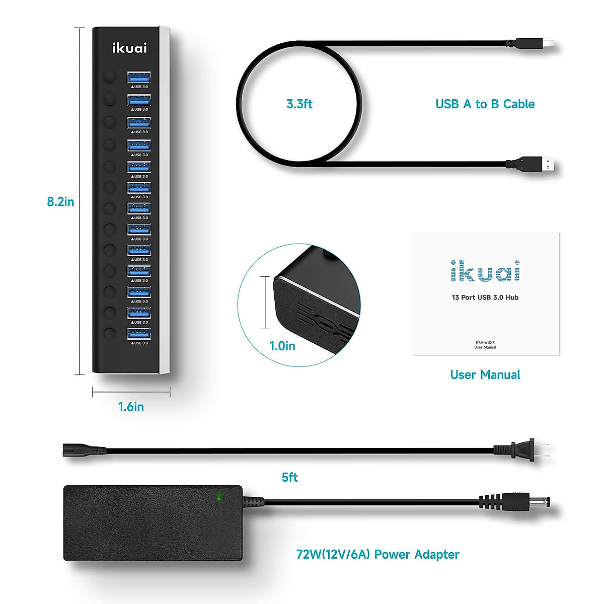 Powered USB Hub, ikuai 13 Port Aluminum USB 3.0 Hub with 72W (12V/6A) Power Adapter, Individual On/Off Switches, USB Splitter for MacBook PC Laptop and More