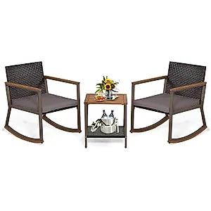 Tangkula 3 Pieces Rocking Bistro Set, Outdoor Rocker Chair with Coffee Table & Cushions, Patio Rattan Furniture Conversation Set for Balcony Porch Poolside (Gray)