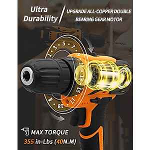 Power Drill Cordless,21V Electric Power Drill Set,18+1 Clutch & Variable Speed,3/8-Inch Keyless Chuck，40NM（355in-Lbs）Max Torque,with a Battery & Charger,and other Accessories