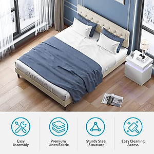 Mjkone Queen Size Bed Frame with Adjustable Headboard,Platform Bed Frame with Button Tufted Linen Fabric,Upholstered Bed with Strong Metal Frame/Wood Slats Support,Easy Assembly-Beige