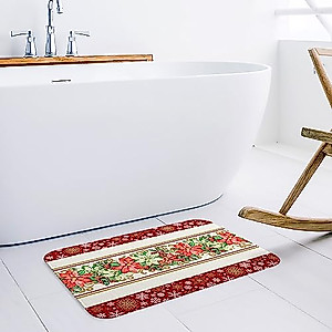 Poinsettia 1 Piece Water Absorbent Door Mat Anti-Skid Memory Foam Cushioned Rug Comfort Standing Floor Mat for Office Home Bathroom Kitchen 16x24 Inch Christmas Snowflakes Red Brown Stripes