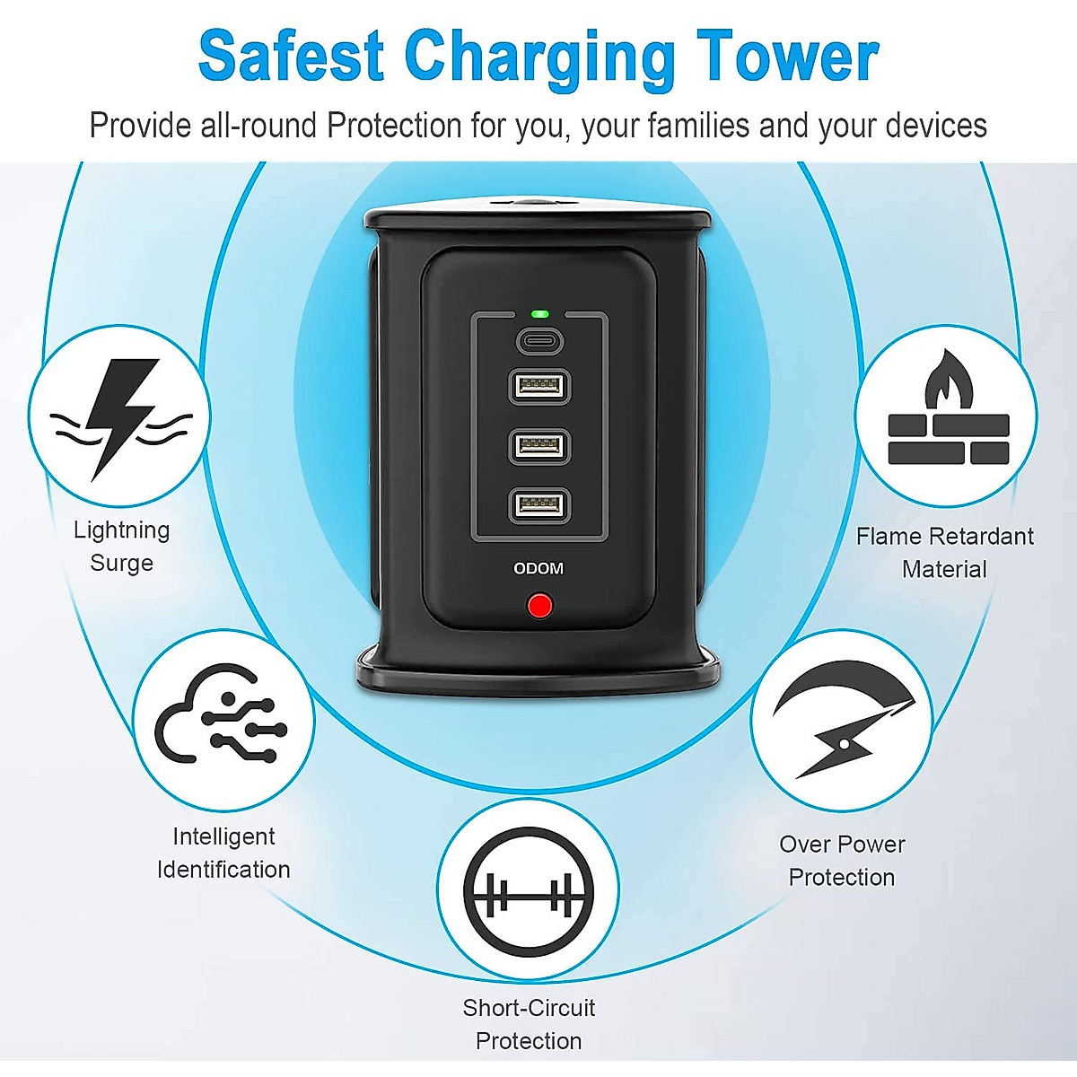 ODOM Power Strip Tower , 6 Outlets 4 USB Ports (1 USB C ), 6 feet Extension Cord , 1250J Surge Protector Multiple Plug Outlet Fast Desk Charging Station, Office Supplies , College Dorm Room Essentials