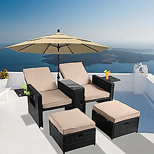 VUYUYU 5PCS Patio Wicker Furniture Set - Outdoor PE Rattan Loveseat Sofa with Adjustable Backrest, Coffee Table, Ottoman - Patio Lounge Chair for Garden, Beach, Poolside, Balcony, Backyard, Deck