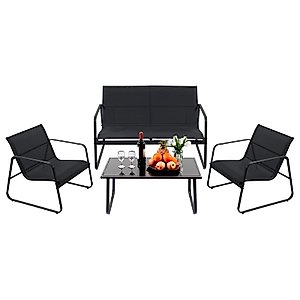 PAIQIAN 4 Pieces Patio Furniture Set Outdoor Furniture Modern Conversation Set Poolside Lawn Chairs with Loveseat Textilene and Glass Coffee Table for Courtyard, Lawn and Balcony (Black)