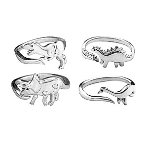 Sterling Silver Cute Dinosaur Ring Sets Silver Band Ring Stackable Finger Rings Sliver Rings Adjustable Minimalist Rings Tiny Dragon Rings for Women Men Jewelry Gifts Toddler Ring (silver, One Size)