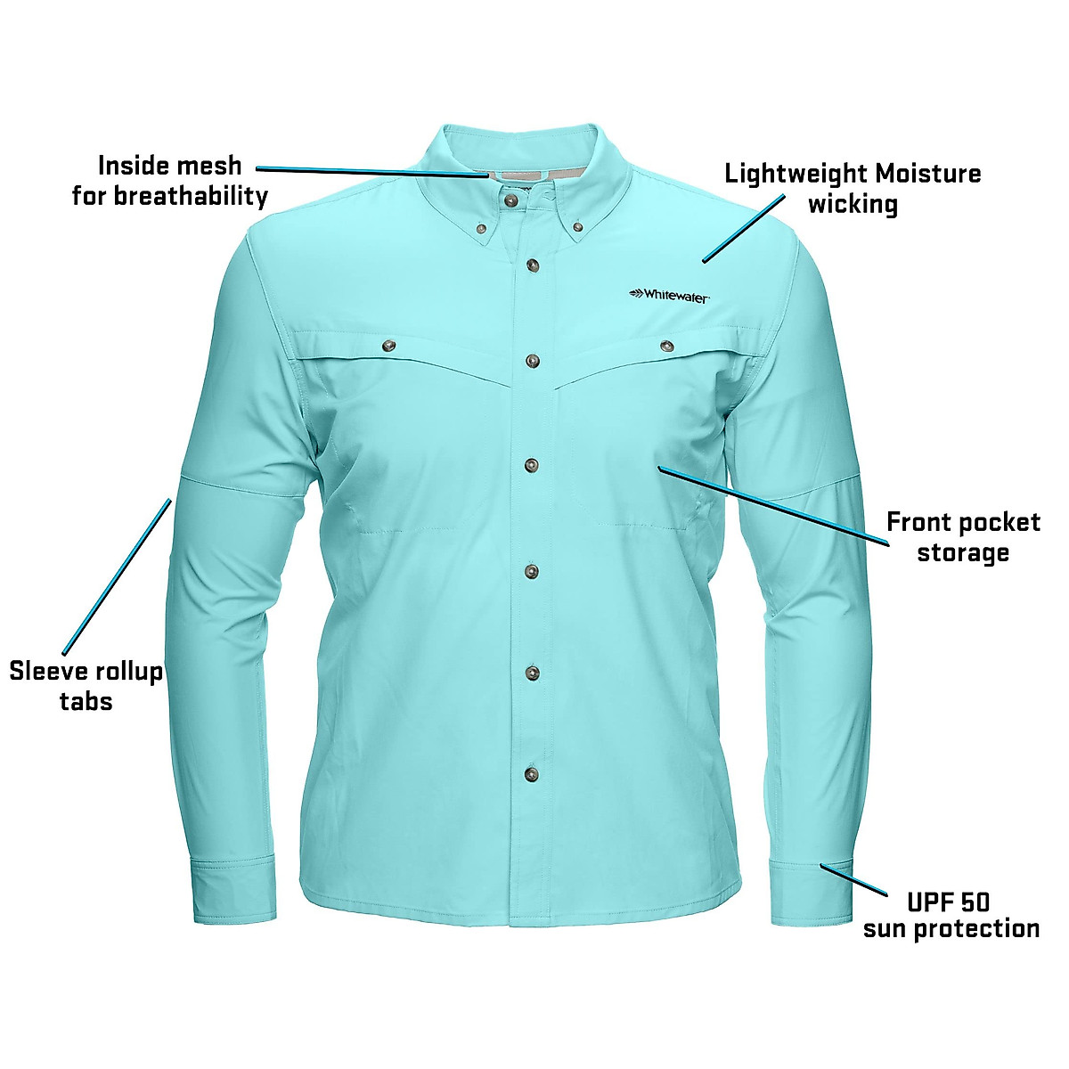 Whitewater Lightweight Moisture Wicking Long Sleeve Fishing Shirt with UPF 50 (XX-Large, Lagoon)