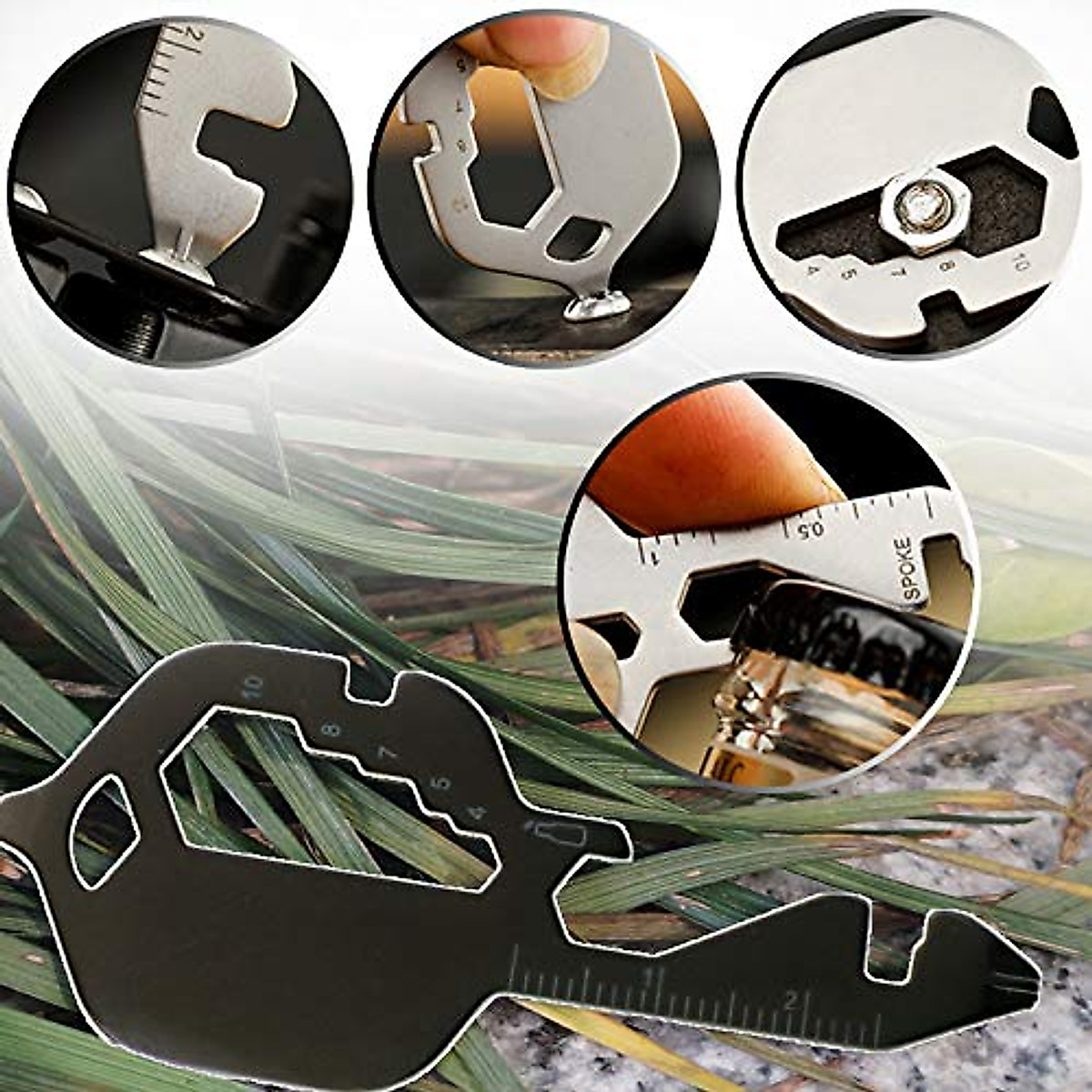 Keychain Multi-tools,Stainless Steel Pocket Tool Indoor Outdoor Multifunction Tool Lightweight EDC Gadget for Screwdriver, Wrench, Bottle Opener, Ruler, Spoke, Key Shaped Black