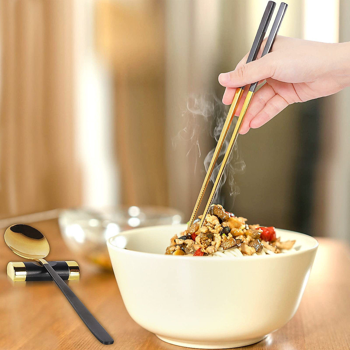 Stainless Steel Chopsticks Spoons and Chopsticks Holders, Flatware Gift Set (Black Golden)