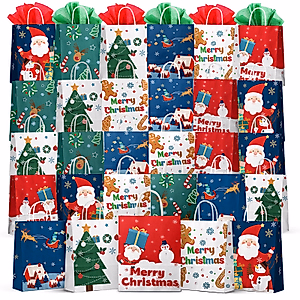 Kidtion 30 PCS Christmas Bags for Gift with Tissue Paper, 6 Styles Gift Bags Bulk with Handles, 7.5"x9"x3.5" Larger Craft Bags, Reusable Xmas Paper Bags & Goody Bags, Party Bags, Favor Bags