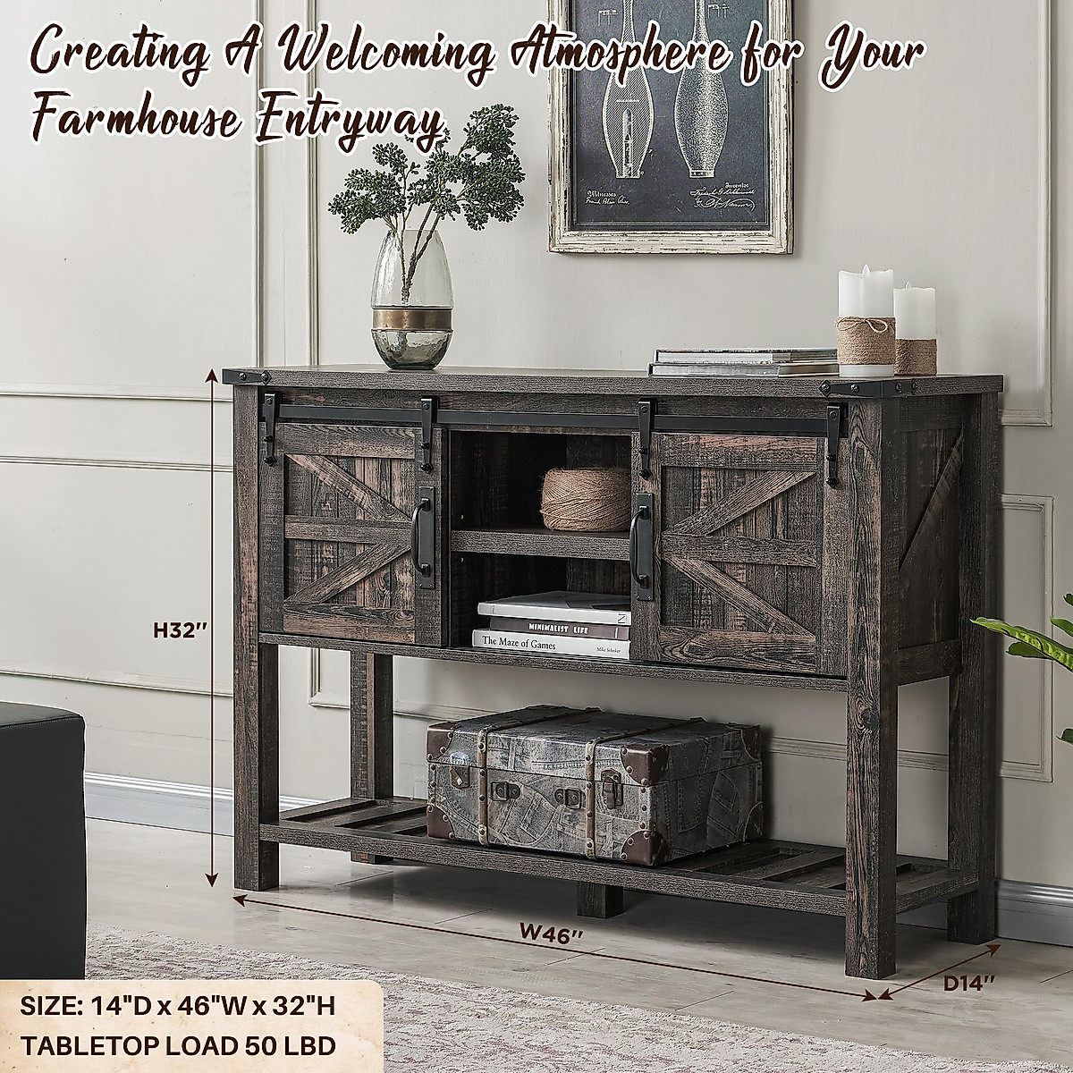 OKD Entryway Table with Sliding Barn Doors, 46" Farmhouse Console Table with Storage Shelf, Rustic Sofa Table Behind Couch, Entry Table for Hallway, Entry Way, Living Room, Foyer, Dark Rustic Oak