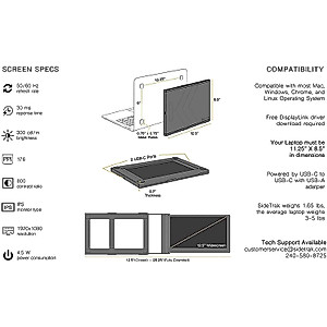 SideTrak Slide Portable Monitor for Laptop 12.5" FHD 1080P IPS Attachable Laptop Screen | Efficient USB Power | Compatible with Mac & Chrome 13" -17" Laptops (Patent Pending) | Black
