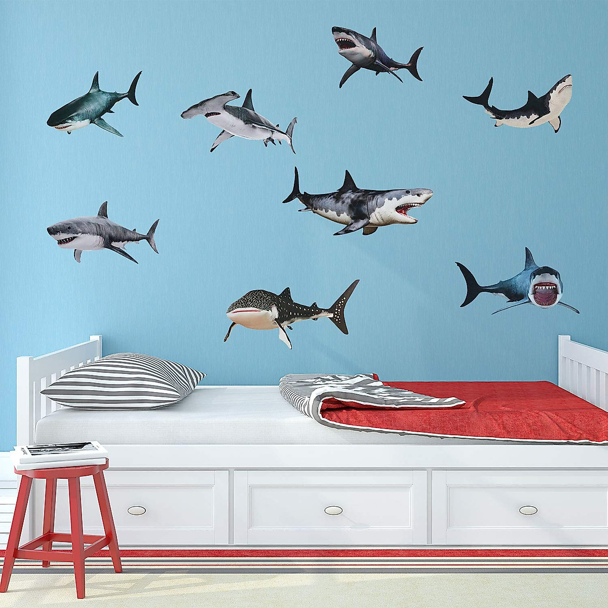 8 Pieces of Sharks Wall Stickers Peel and Stick Shark Wall Decals Sharks Removable Shark Decorations Sea Creature Animal Decal for Party Room Nursery Home Decor