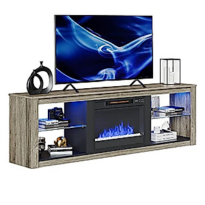 Bestier Fireplace TV Stand for 75 inch TV with 23 inch Electric Fireplace, 70 inch Entertainment Center with LED Light, Glass Shelves for Living Room, Wash Gray