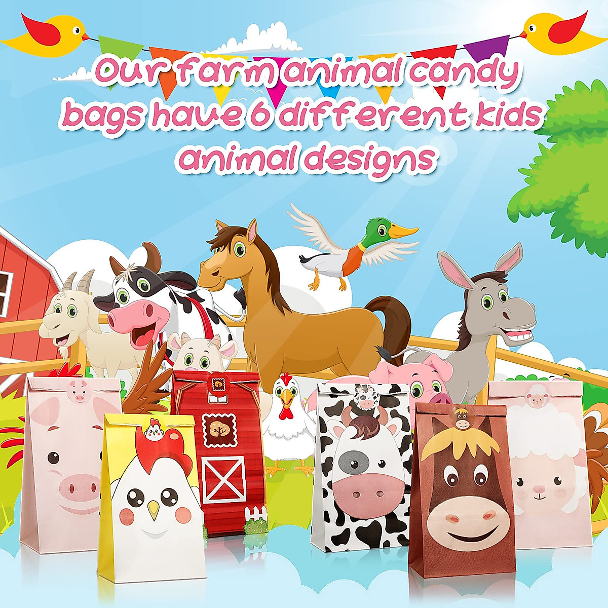 Dianelhall 30 Pack Goodie Bags for Birthday Party Supplies Animal Party Favor Bags Treat Bags Candy Barnyard Gift Bags for Animal Theme Birthday Party, 6 Designs(Farm)